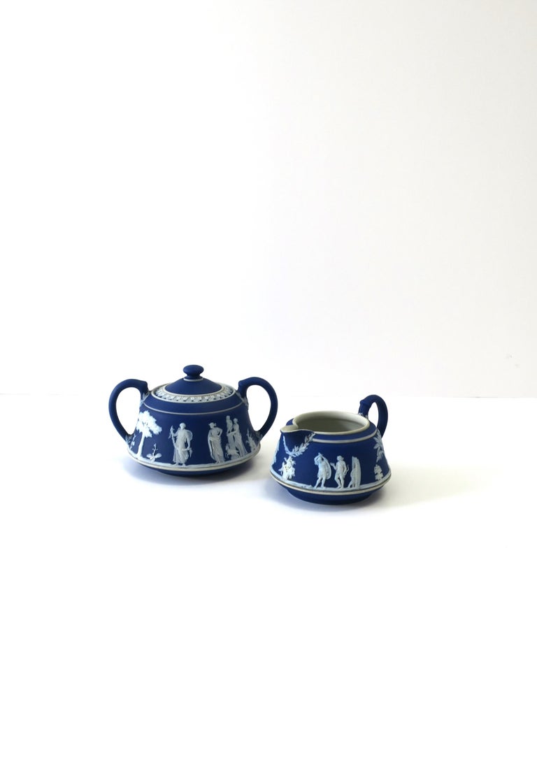 English Wedgwood Jasperware Blue and White Sugar Bowl and Creamer Neoclassical Style For Sale at ...