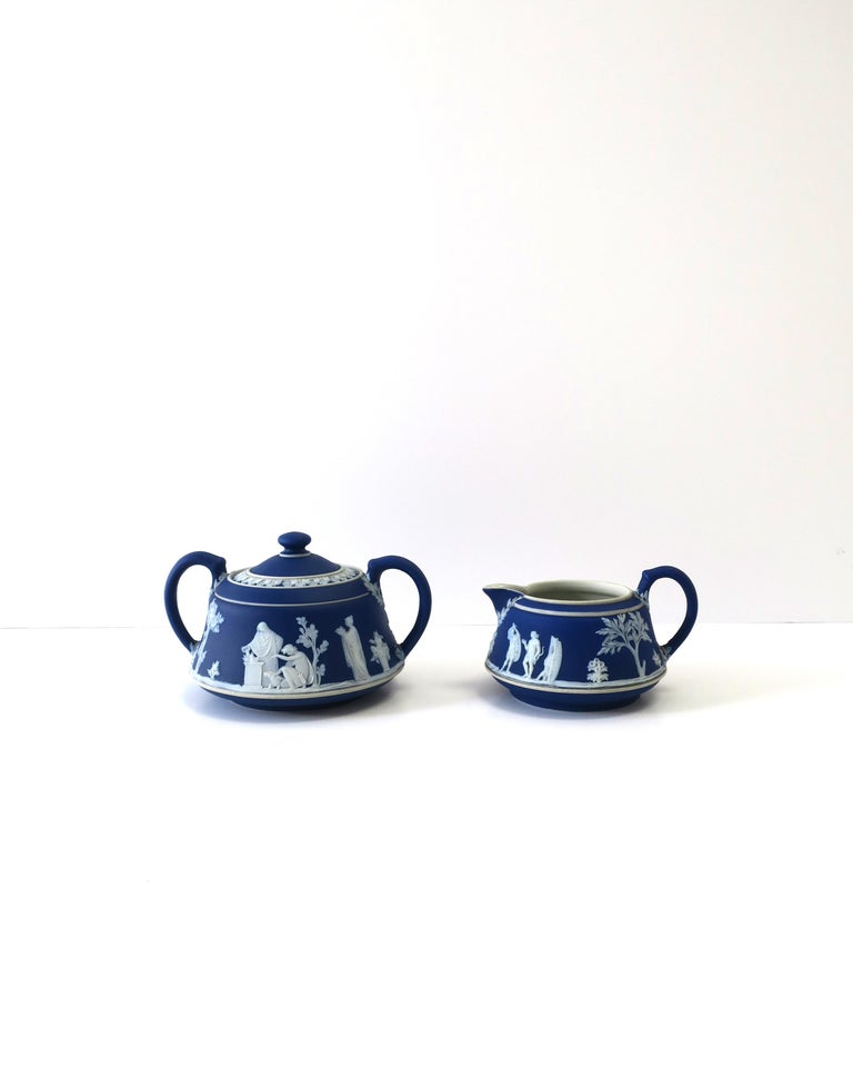 English Wedgwood Jasperware Blue and White Sugar Bowl and Creamer Neoclassical Style For Sale at ...