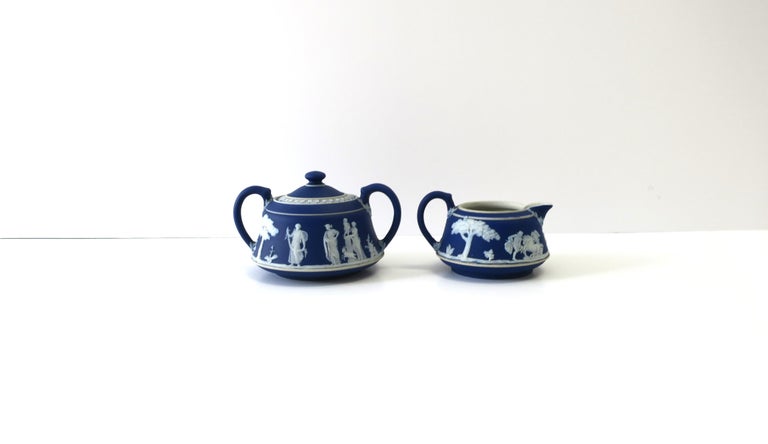 English Wedgwood Jasperware Blue and White Sugar Bowl and Creamer Neoclassical Style For Sale at ...