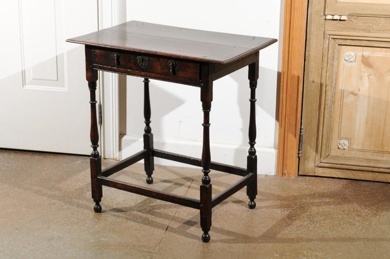 English William and Mary 1700s Oak Side Table with Drawer and Turned ...