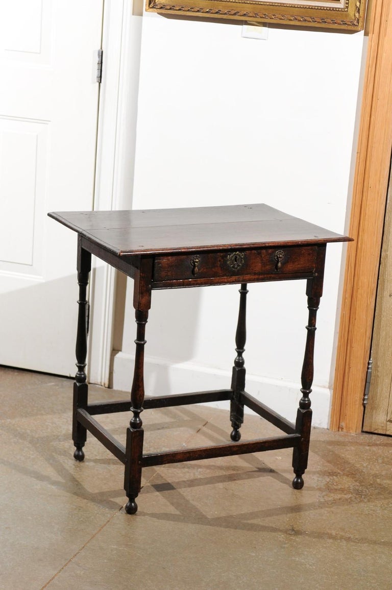English William and Mary 1700s Oak Side Table with Drawer and Turned ...