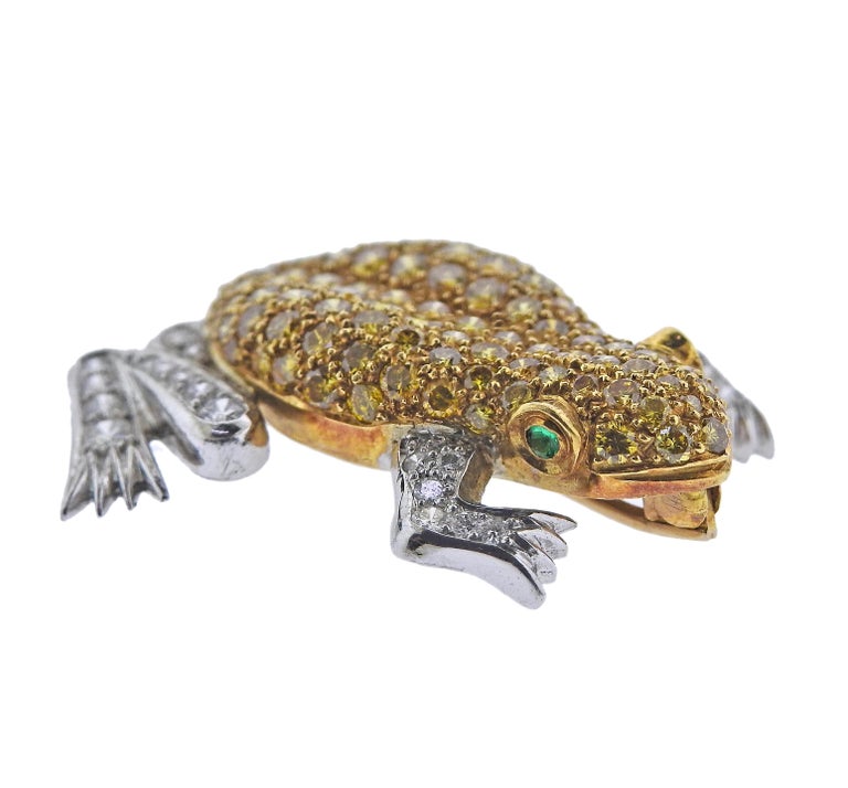 English Yellow Sapphire Diamond Gold Frog Brooch Pin For Sale at 1stDibs