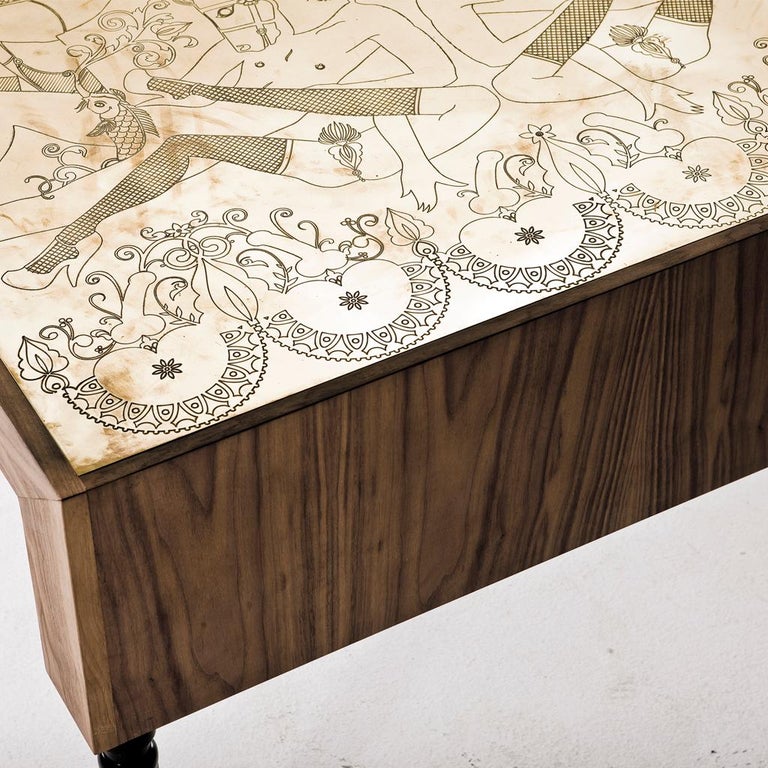 Engraved Brass, Walnut, and Lacquered Wood Burlesque Dining Table by ...