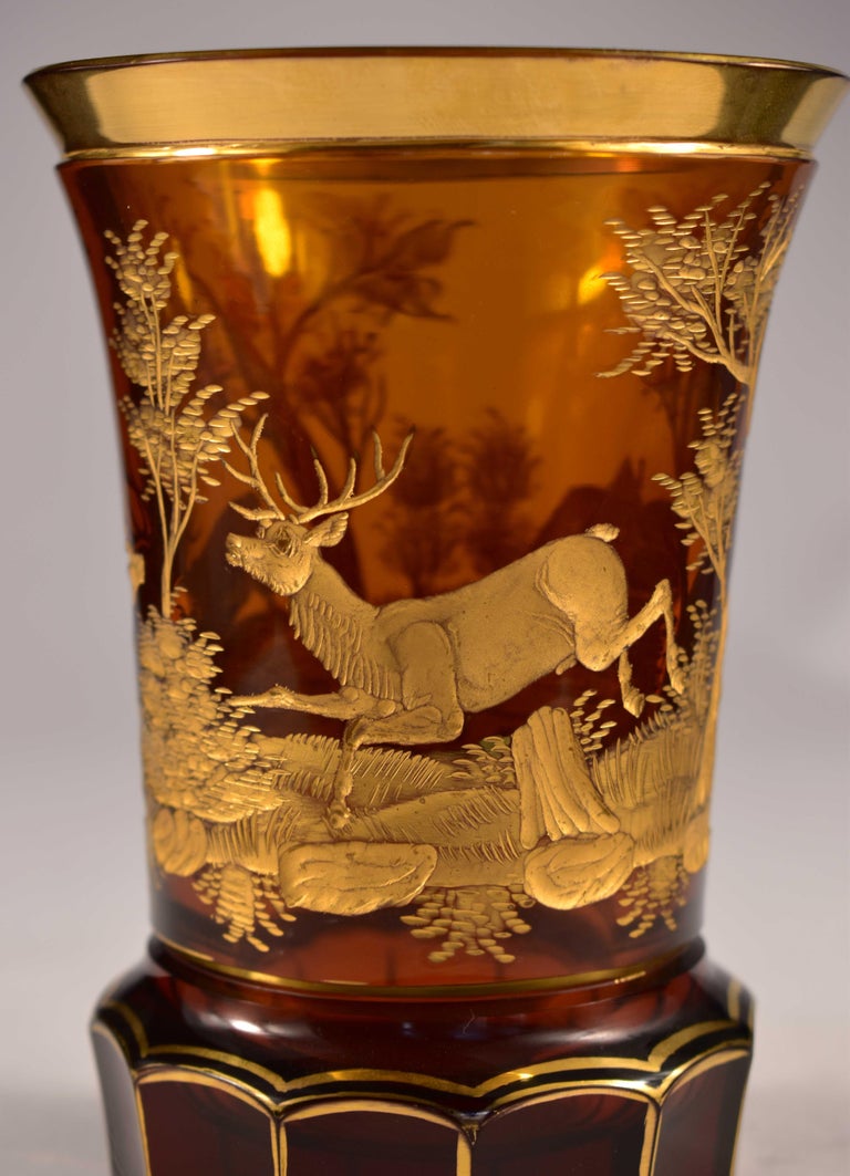 Engraved Gilded Amber Glass Goblet, Bohemian Glass 20th Century For ...