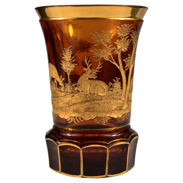 Engraved Gilded Amber Glass Goblet, Bohemian Glass 20th Century at 1stDibs