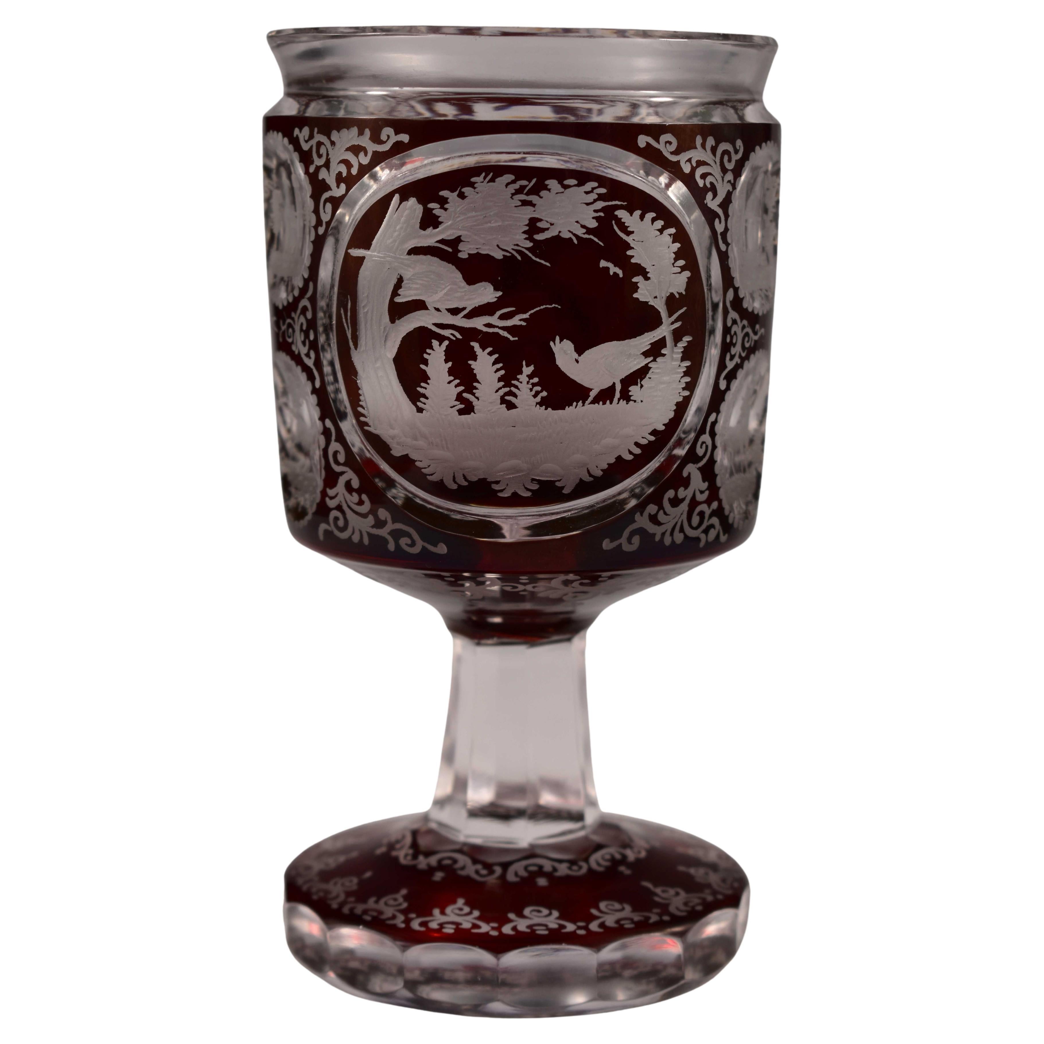 Antique Engraved Hunting, Wildlife Glass Goblet, circa 1880 at 1stDibs