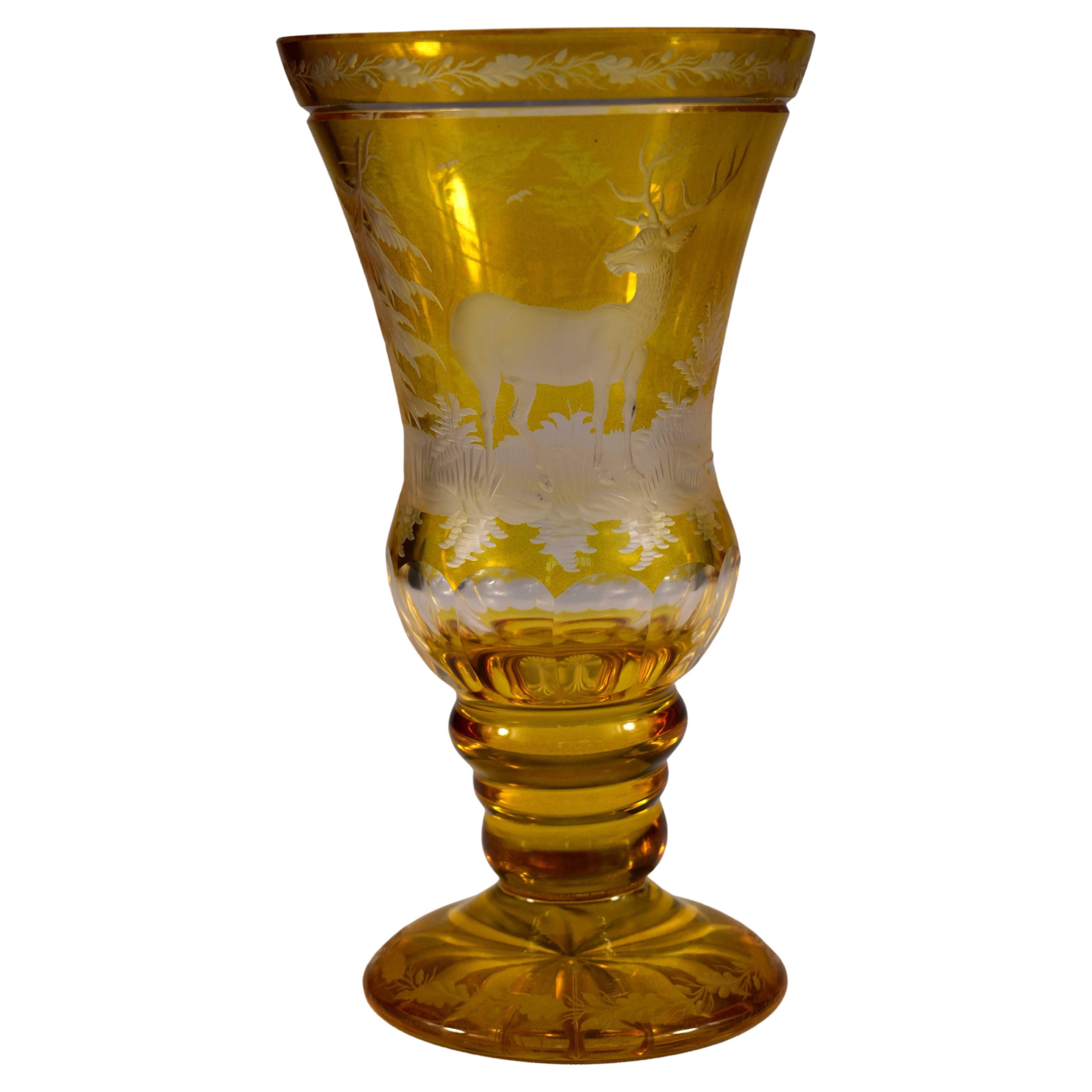 Engraved Gilded Amber Glass Goblet, Bohemian Glass 20th Century at 1stDibs