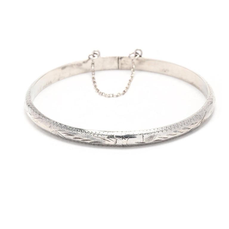 Engraved Hinged Bangle Bracelet, Sterling Silver For Sale at 1stDibs