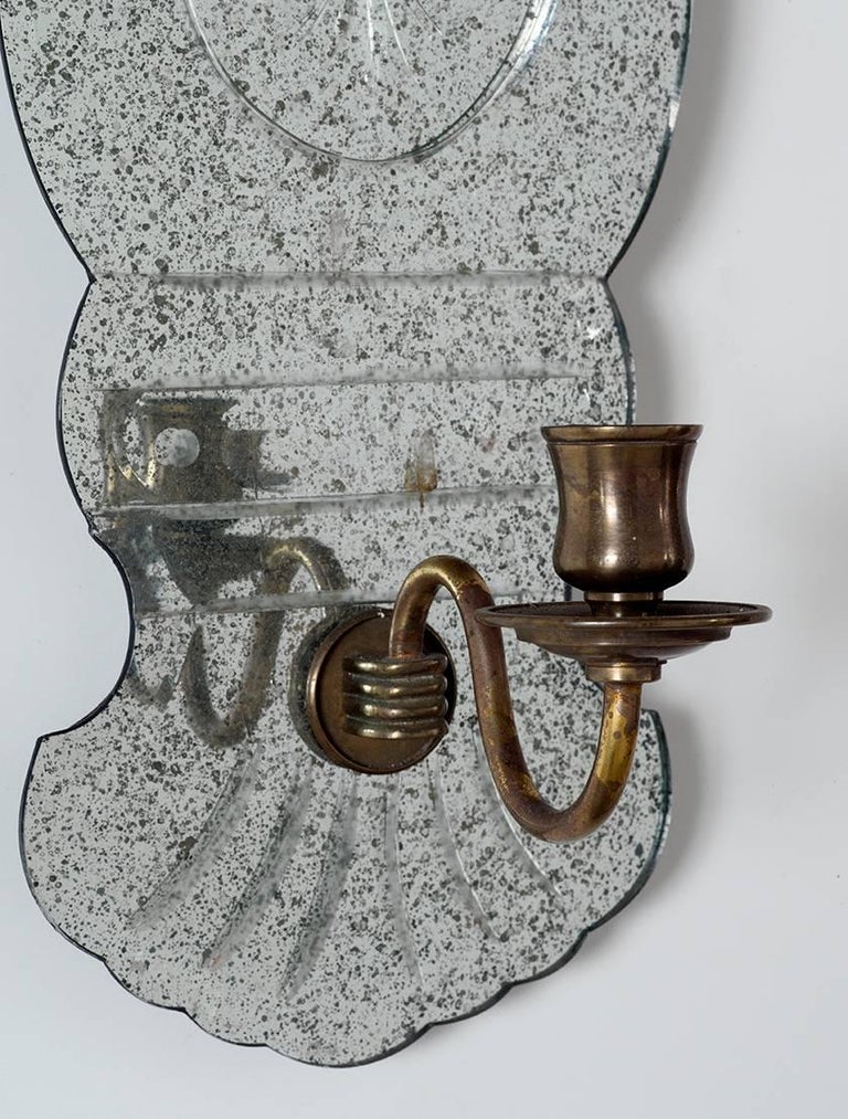 Engraved Mirrored Sconces with Antique Pewter Arms For Sale at 1stDibs