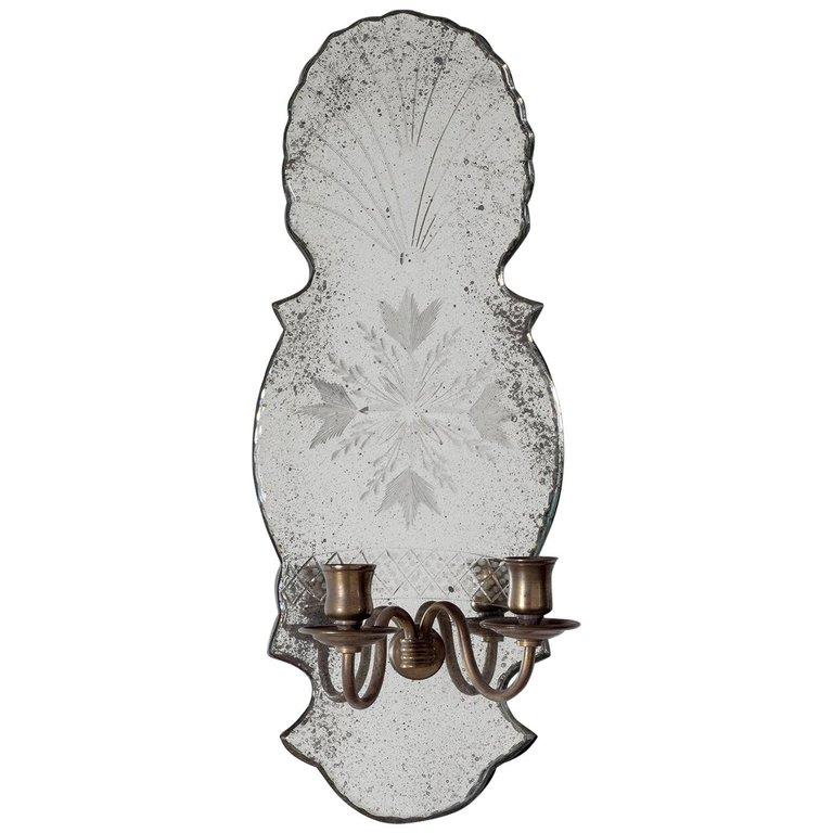 Engraved Mirrored Sconces with Antique Pewter Arms For Sale at 1stDibs