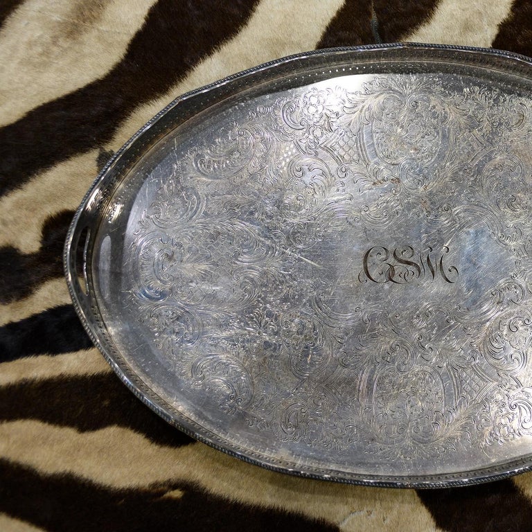 Engraved Silver Plate Serving Tray with Monogram For Sale at 1stDibs