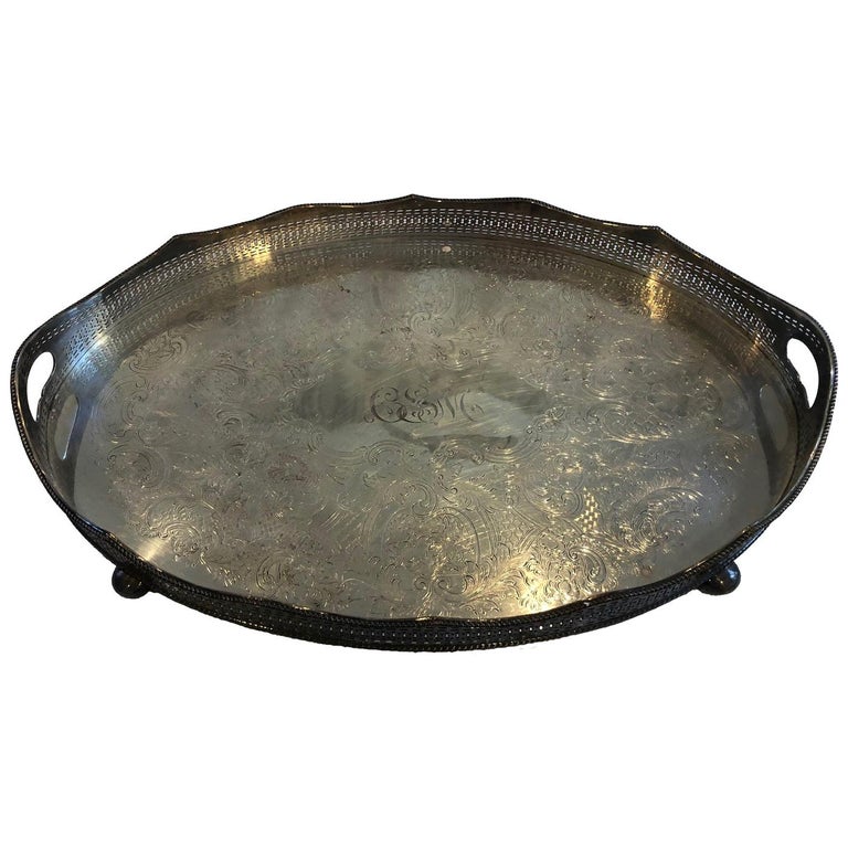 Engraved Silver Plate Serving Tray with Monogram For Sale at 1stDibs