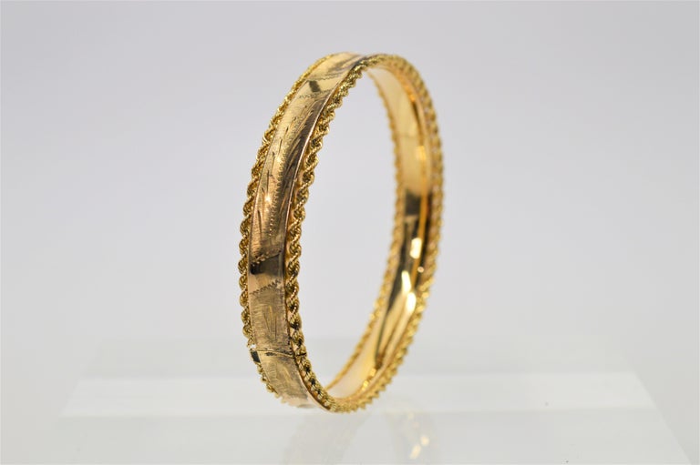 Engraved Yellow Gold Rope Bangle Bracelet at 1stDibs