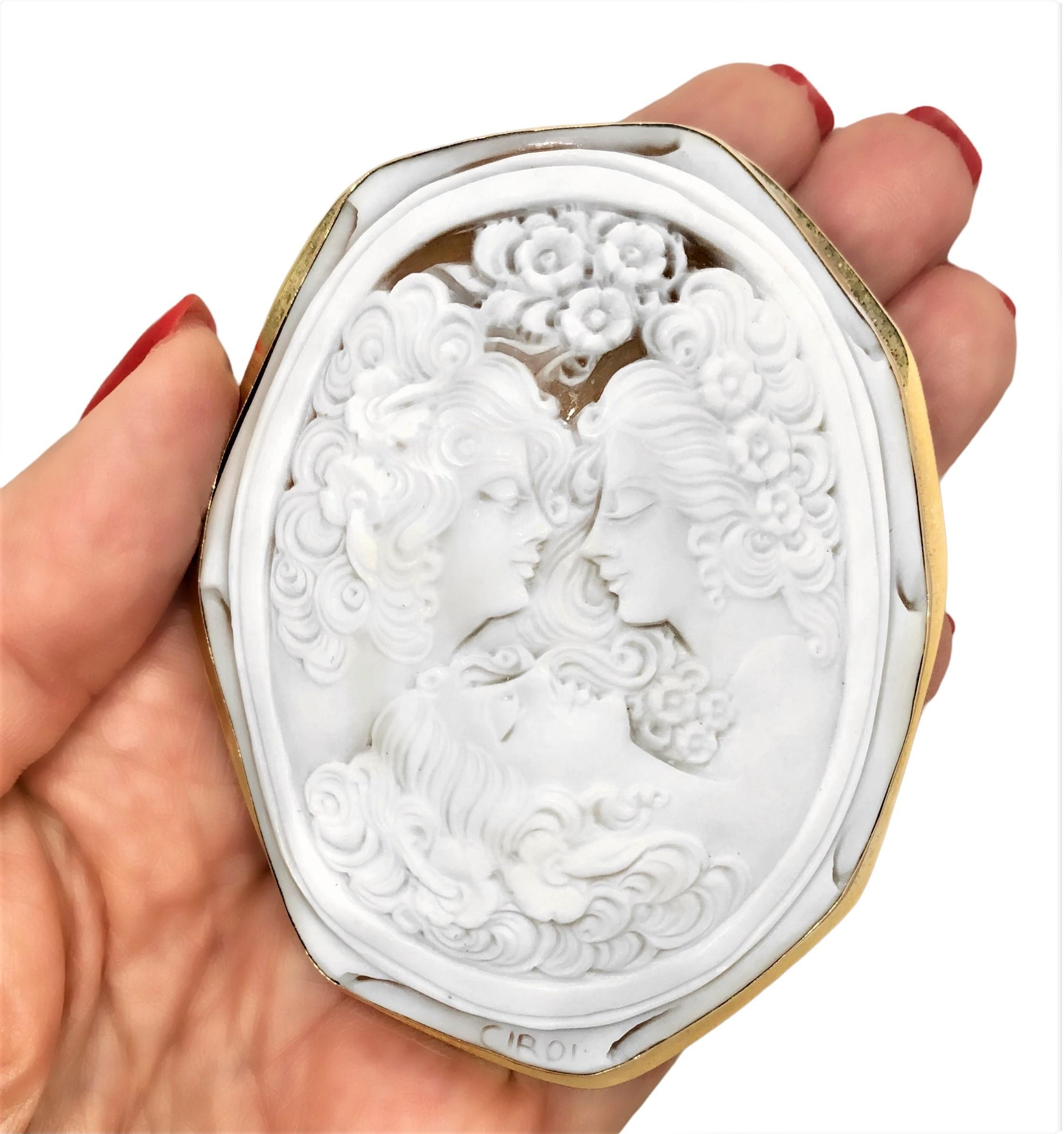 Enormous Shell Cameo of The Three Graces in Italian 14k Gold Brooch ...