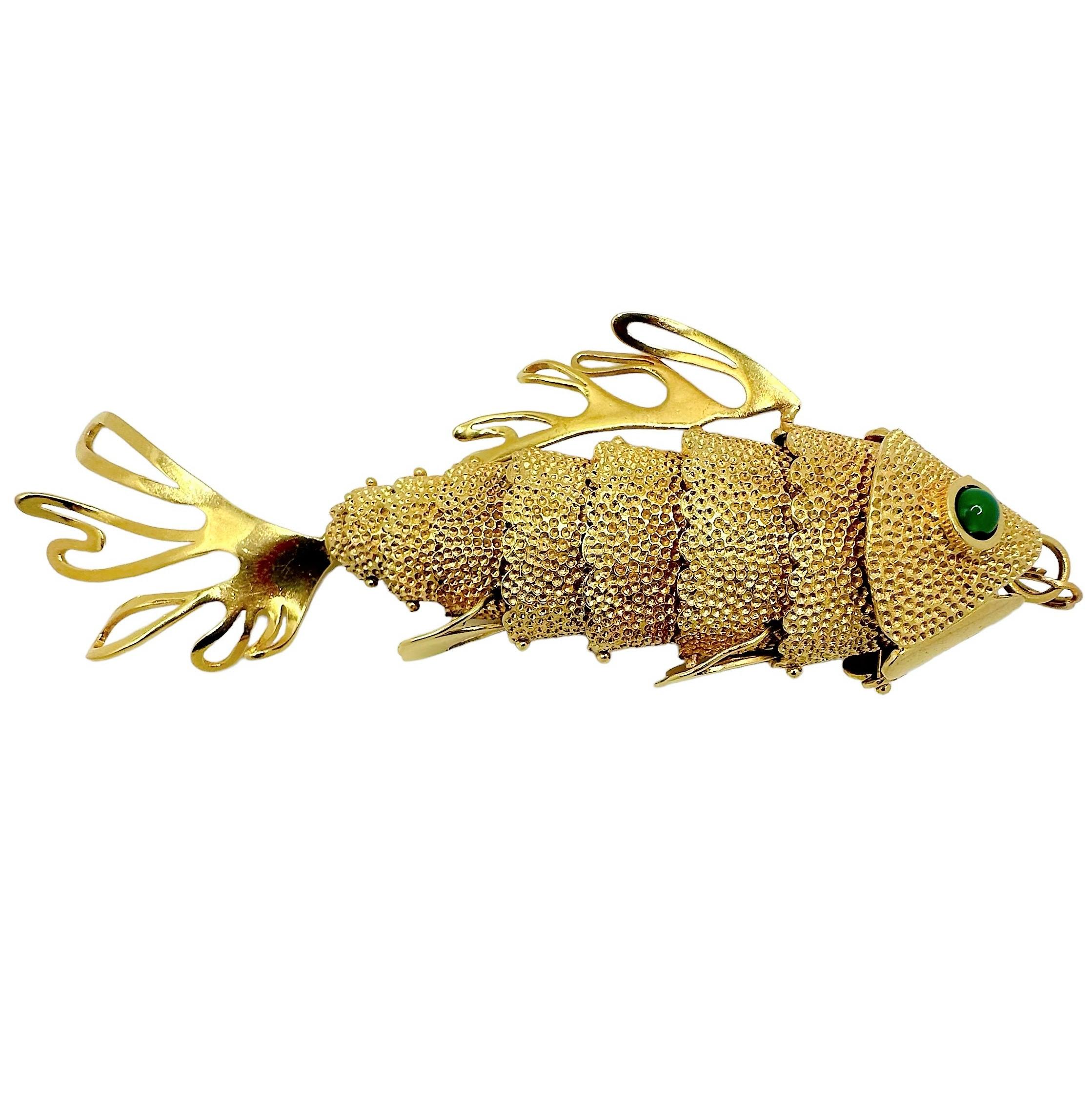 Enormous Vintage 18K Yellow Gold Fish Pendant with Green Eyes For Sale ...