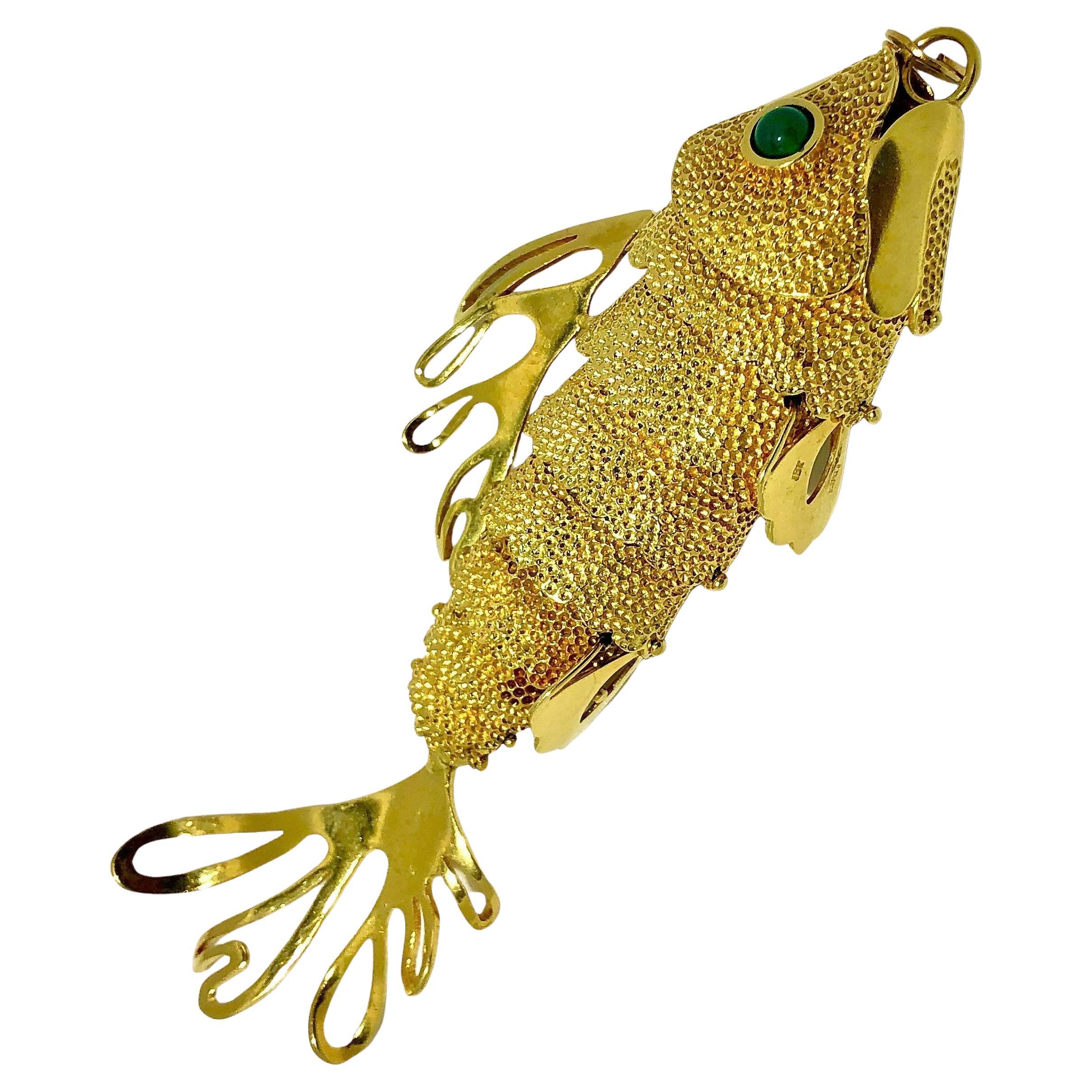Enormous Vintage 18K Yellow Gold Fish Pendant with Green Eyes For Sale ...