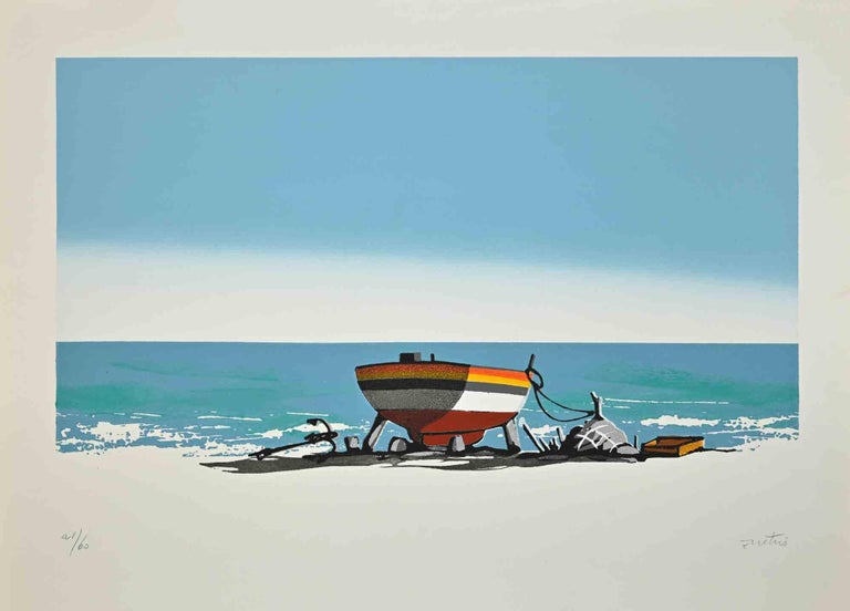 Enotrio Pugliese - Seascape With A Boat - Screen Print by Enotrio ...