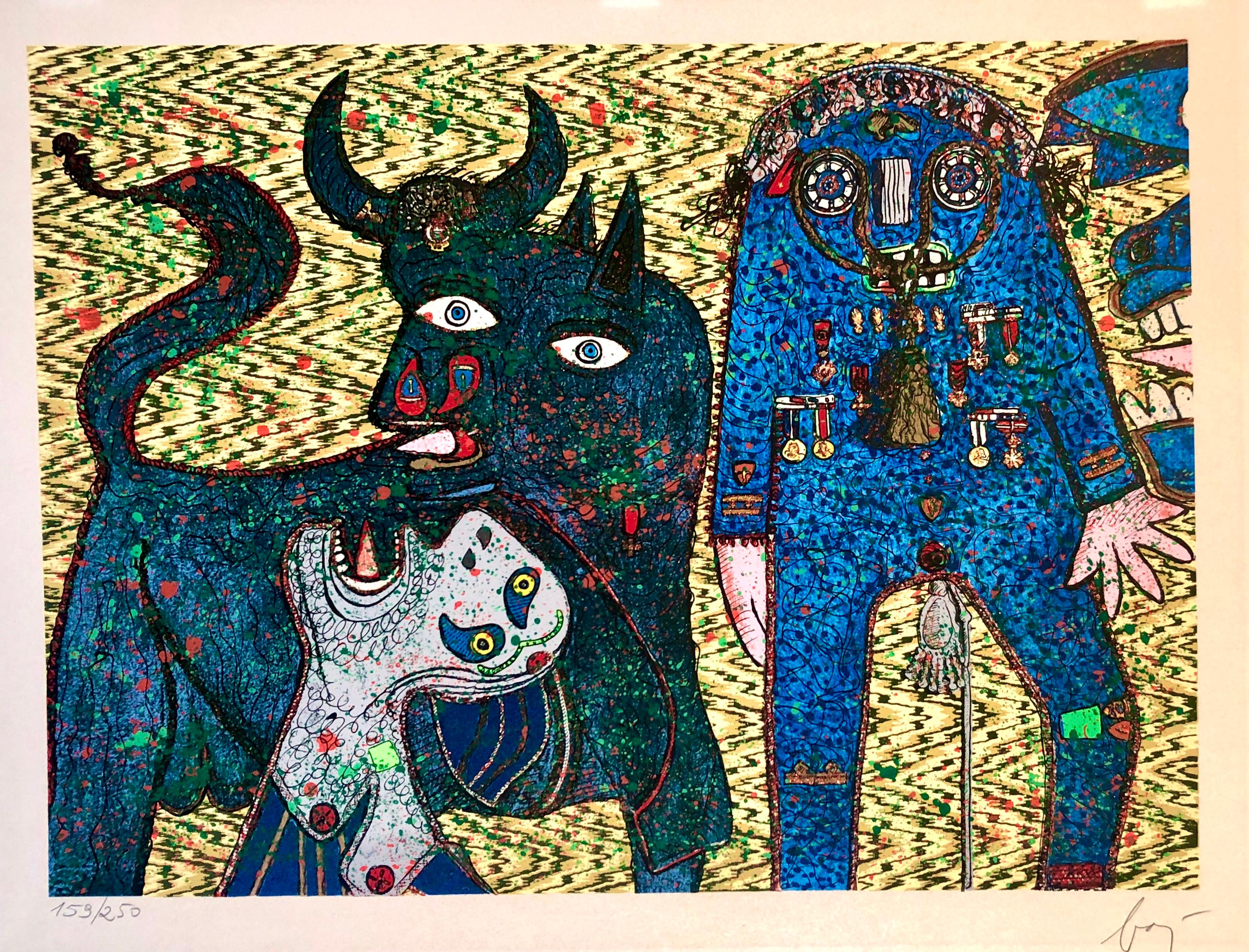 Enrico Baj - Surrealist Screen Print Collage with Glitter Multiple ...