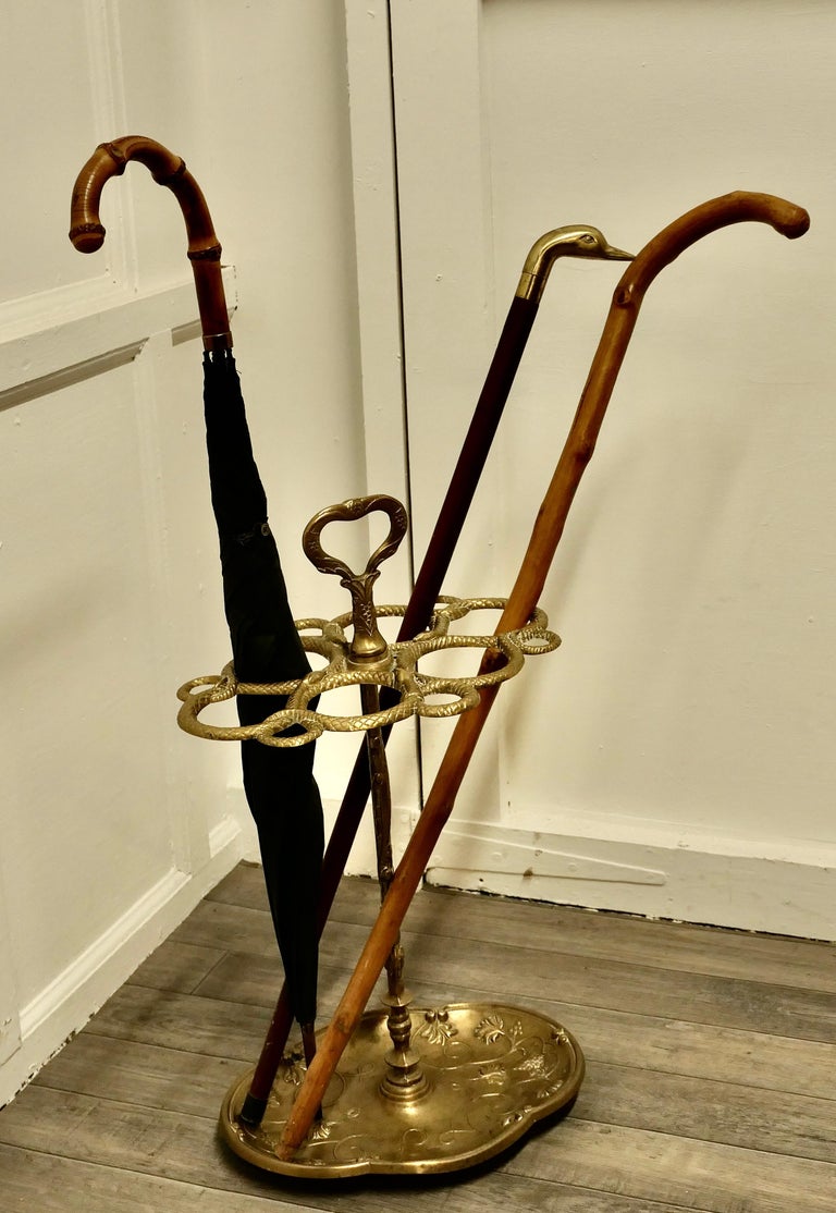 Entwined Snake Cast Iron Brass Walking Stick Stand For Sale at 1stDibs