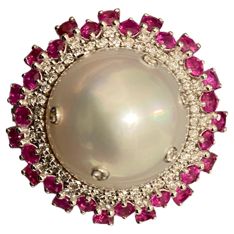 Eostre White Colour South Sea Pearl, Ruby and Diamond Ring in 18k White ...