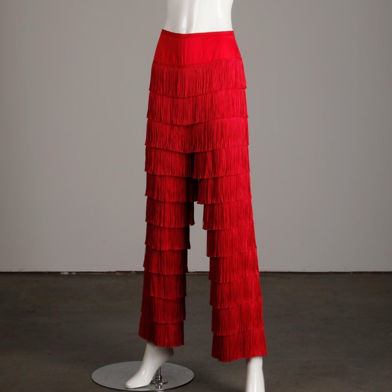 Epic 1960s Vintage Bright Red Tiered Fringe Pants or Trousers at 1stDibs
