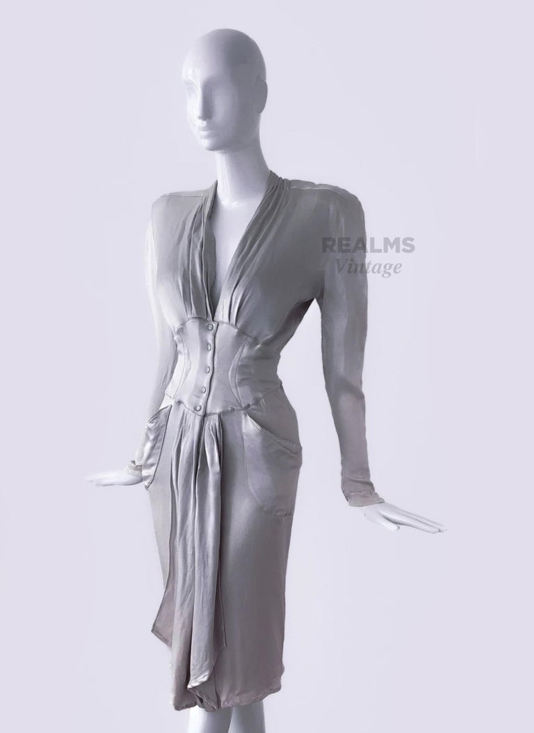 Epic Thierry Mugler FW1986 Silver Metallic Liquid Silky Goddess Dress ...