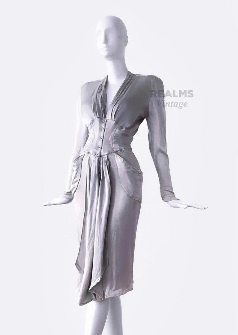 Epic Thierry Mugler FW1986 Silver Metallic Liquid Silky Goddess Dress ...