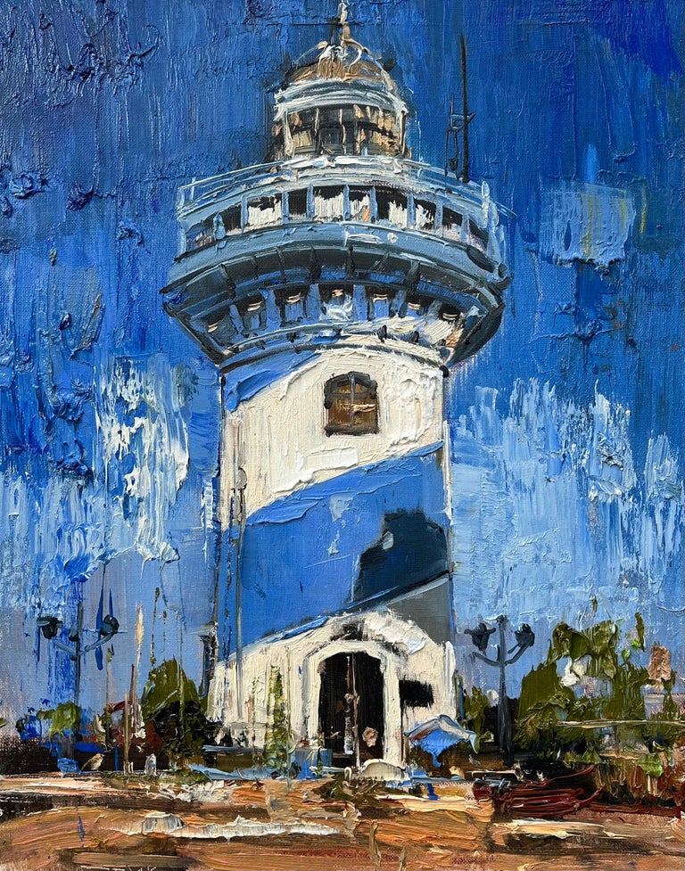 Eric Alfaro - Lighthouse with Blue Lines, Oil Painting For Sale at 1stDibs