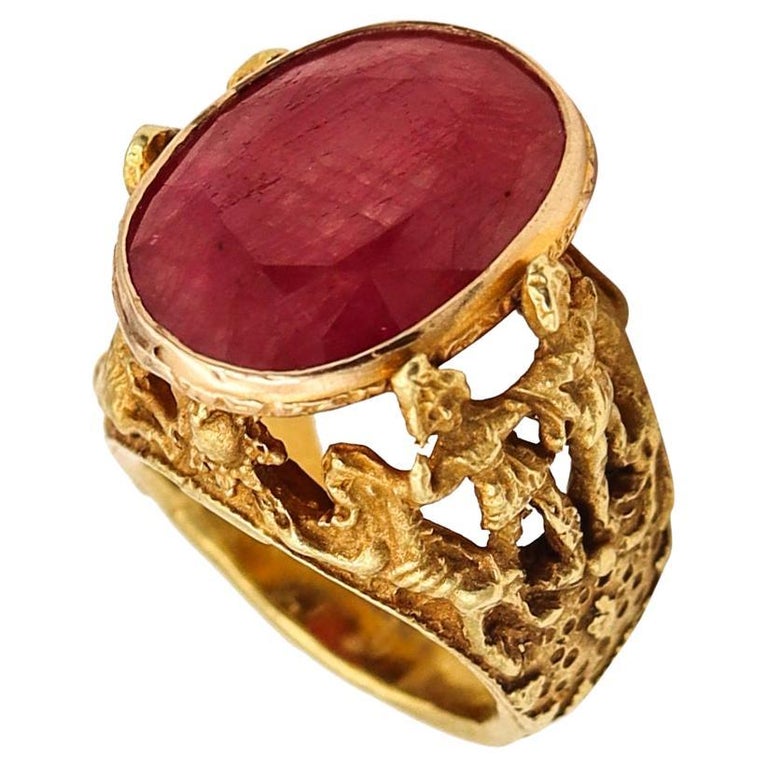 Eric De Kolb 1970 Figurative Statement Ring 18Kt Yellow Gold with 14.45 ...