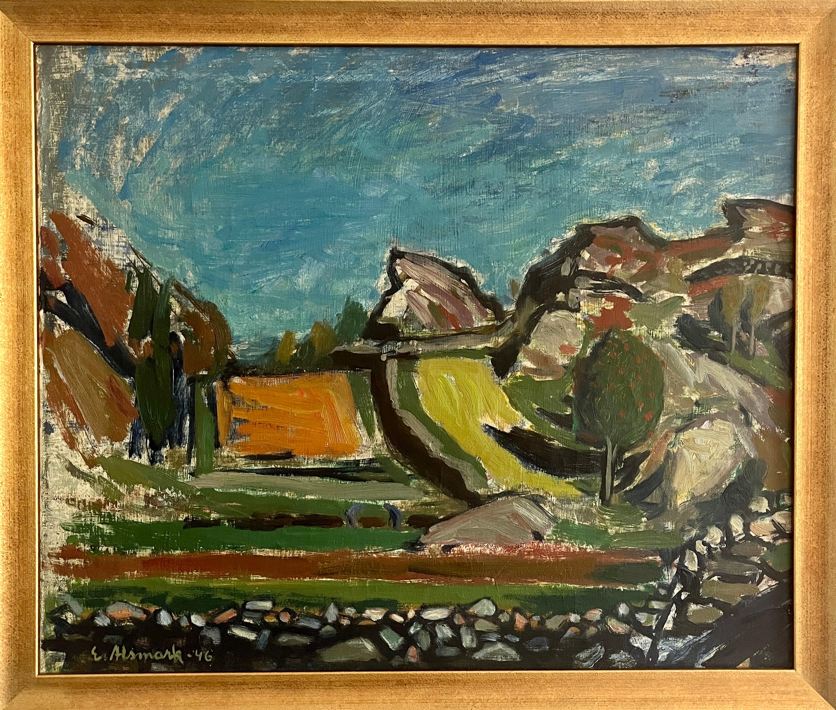 Erik Alsmark - 1946 "Hilltop Farm" Abstract Landscape For Sale at 1stDibs