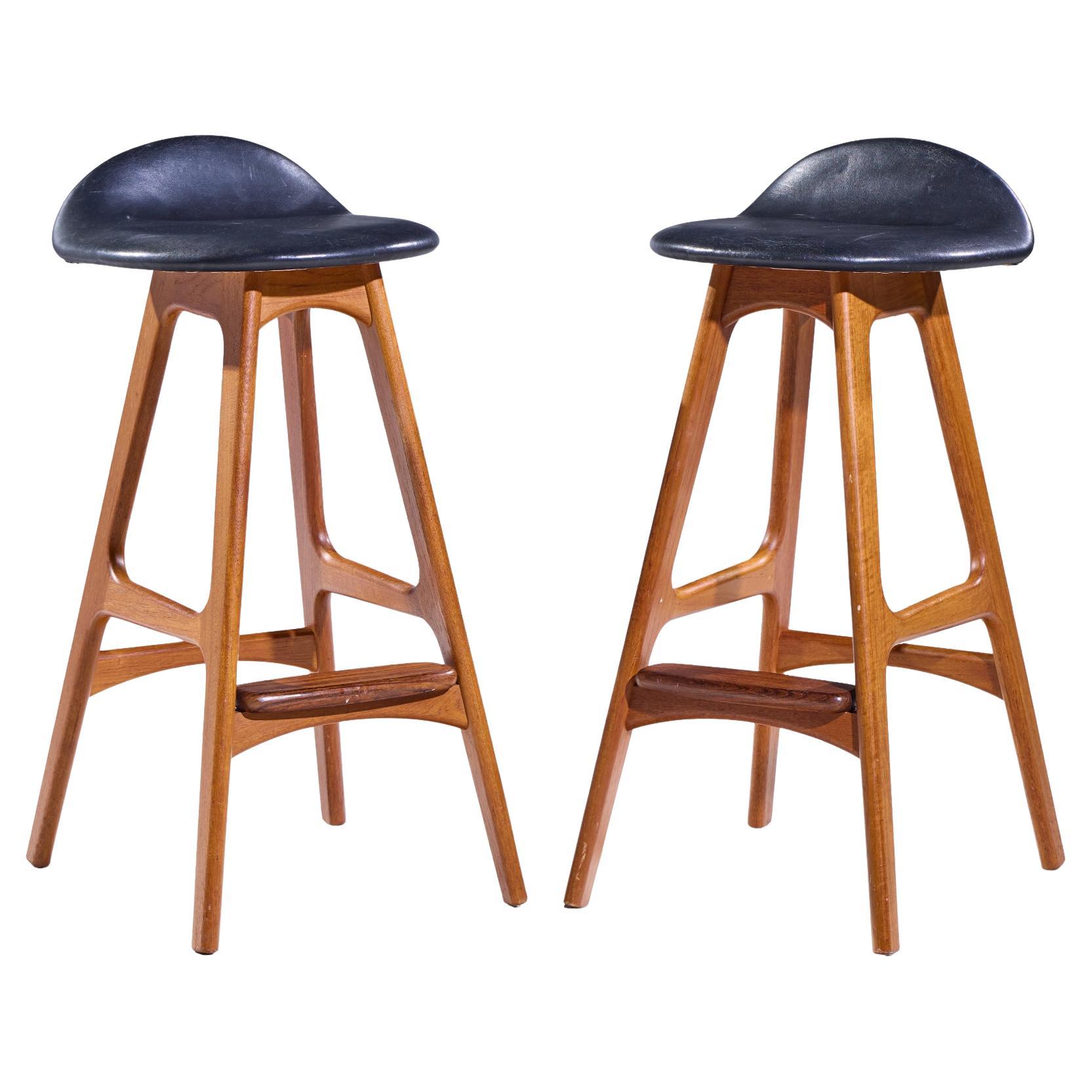 Erik Buch Bar Stools, Solid Wood and Black Leather, Denmark, 1960 For ...