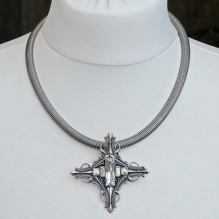 Ermani Bulatti Silver Tone and Crystal Cross Pendant and Omega Chain ...