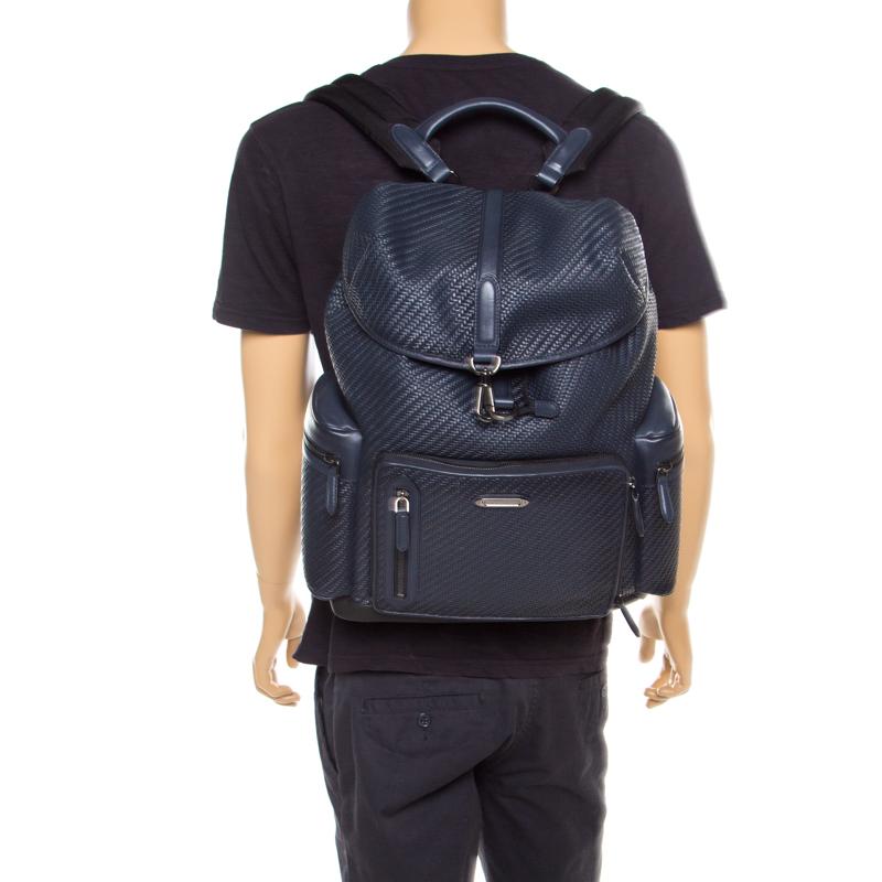 Ermenegildo Zegna Navy Blue Pelle Leather Tessuta Backpack For Sale at ...