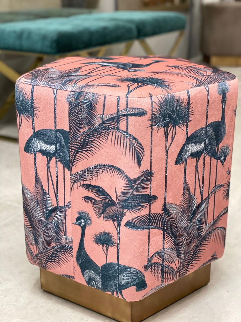 Ermes Pentagon Pouf Crane Fonda Pink Patterned and Antique Brass Plinth ...