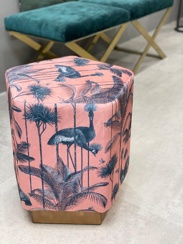 Ermes Pentagon Pouf Crane Fonda Pink Patterned and Antique Brass Plinth ...