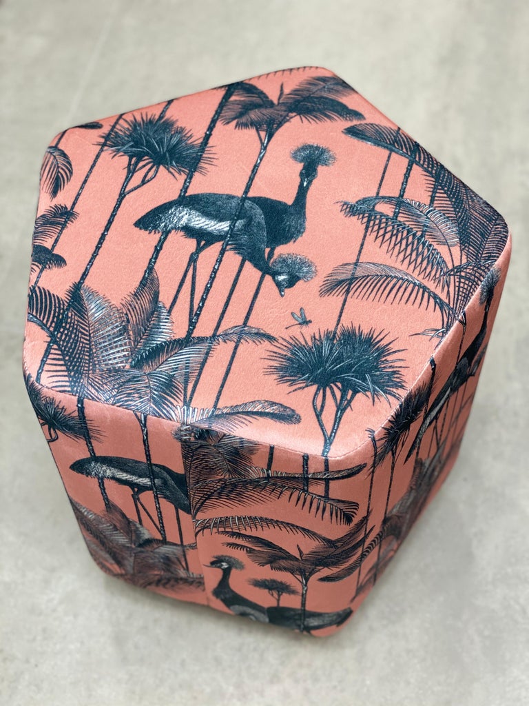 Ermes Pentagon Pouf Crane Fonda Pink Patterned and Antique Brass Plinth ...