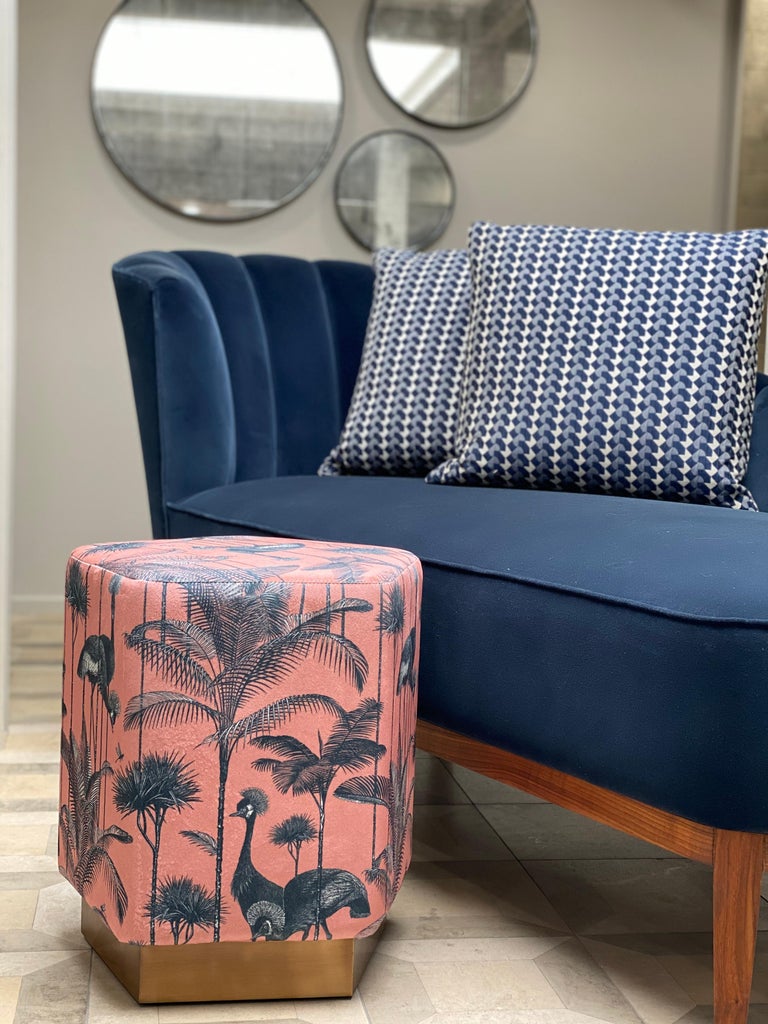 Ermes Pentagon Pouf Crane Fonda Pink Patterned and Antique Brass Plinth ...
