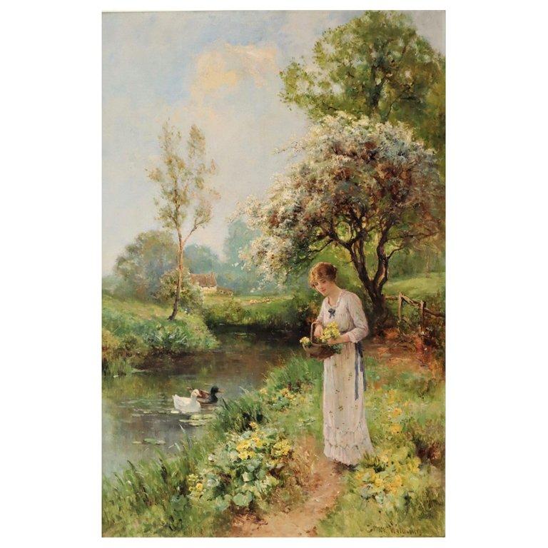 Ernest Walbourn - 19th Century genre oil painting of a women by a pond ...