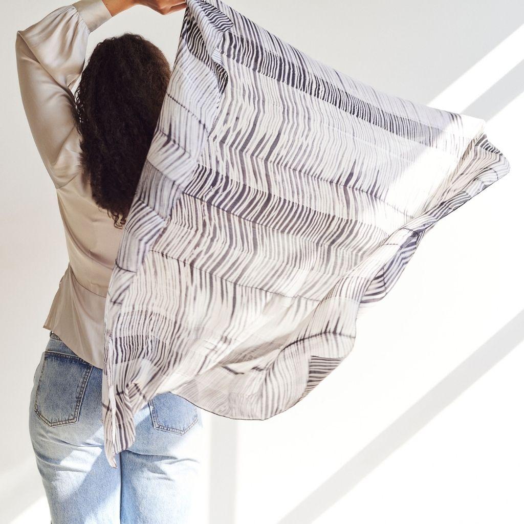 Ero Scarf in White Black Classic Shibori Print Handmade by Artisans For ...