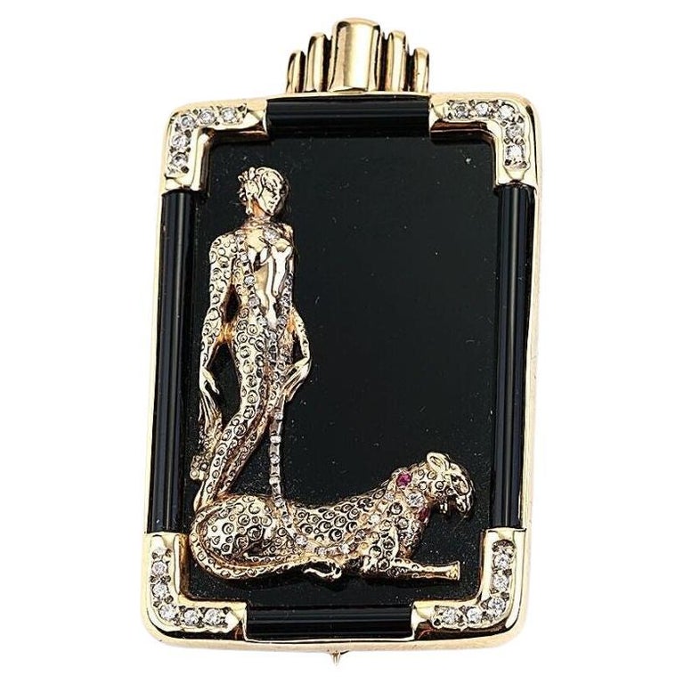 Erte Romain De Tirtoff Letter L Onyx and Diamond Brooch at 1stDibs
