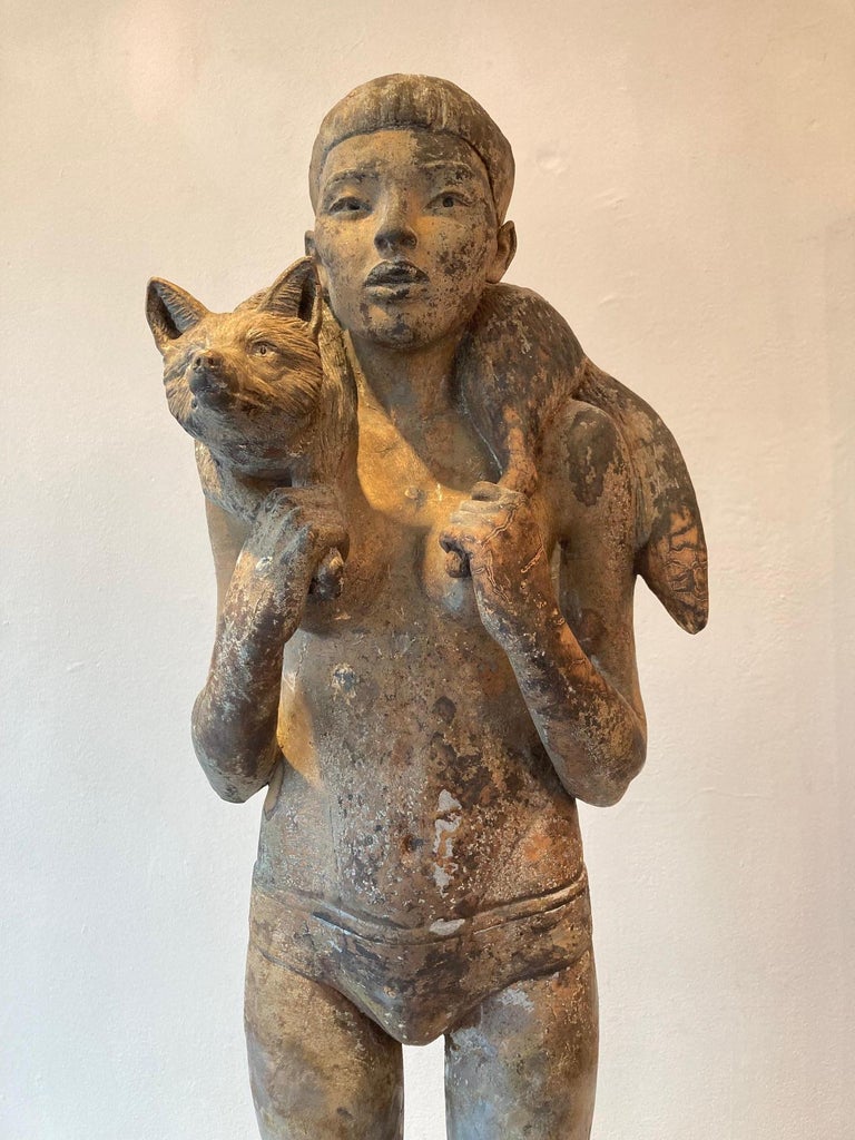 Erwin Meijer - Vos Fox Bronze Sculpture Girl with Fox Figure People Animal For Sale at 1stDibs