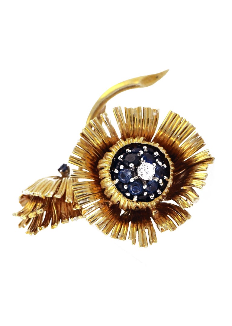 Erwin Pearl 18 Karat Gold Sapphire Diamond Floral Pin Brooch For Sale ...