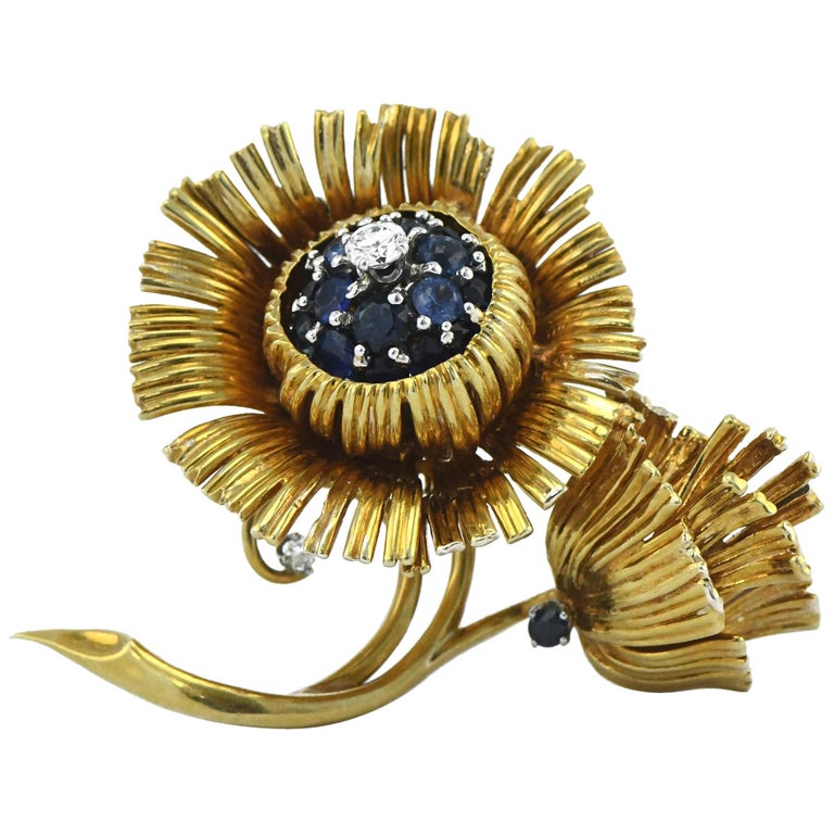 Erwin Pearl 18 Karat Gold Sapphire Diamond Floral Pin Brooch For Sale ...