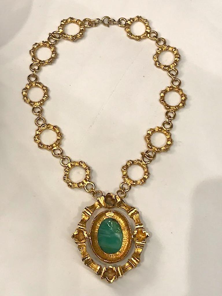 Erwin Pearl Gold and Carved Glass 1980s Pendant Necklace at 1stDibs