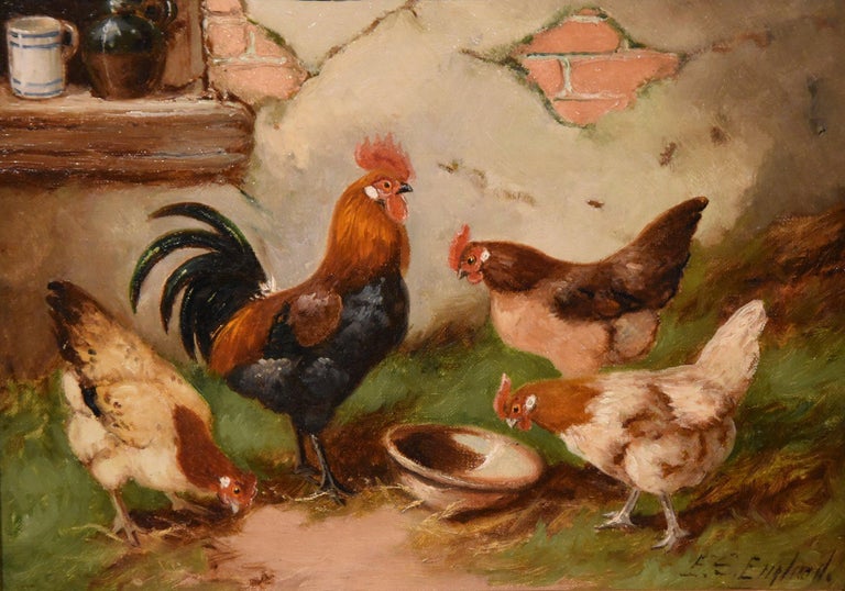 E.S. England - Oil Painting by E. S. England "Cockerel and Hens" For ...