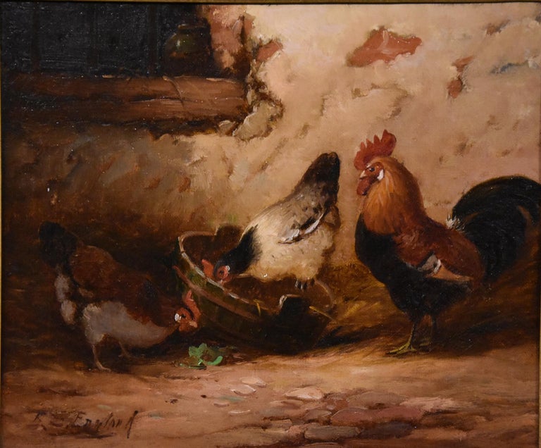 E.S England - Oil Painting by E. S. England "Cockerel and Hens" For ...
