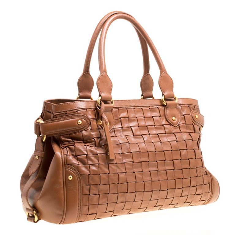 Escada Brown Woven Leather Horizontal Margaretha Tote at 1stDibs
