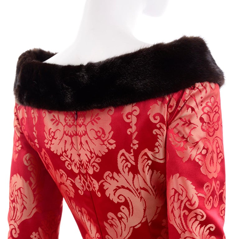 Escada Couture Vintage Dress Red Jacquard Evening Gown With Mink Trim ...