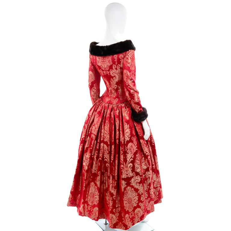 Escada Couture Vintage Dress Red Jacquard Evening Gown With Mink Trim ...