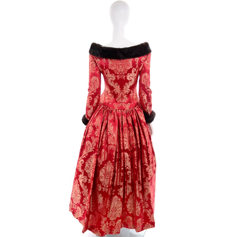 Escada Couture Vintage Dress Red Jacquard Evening Gown With Mink Trim ...